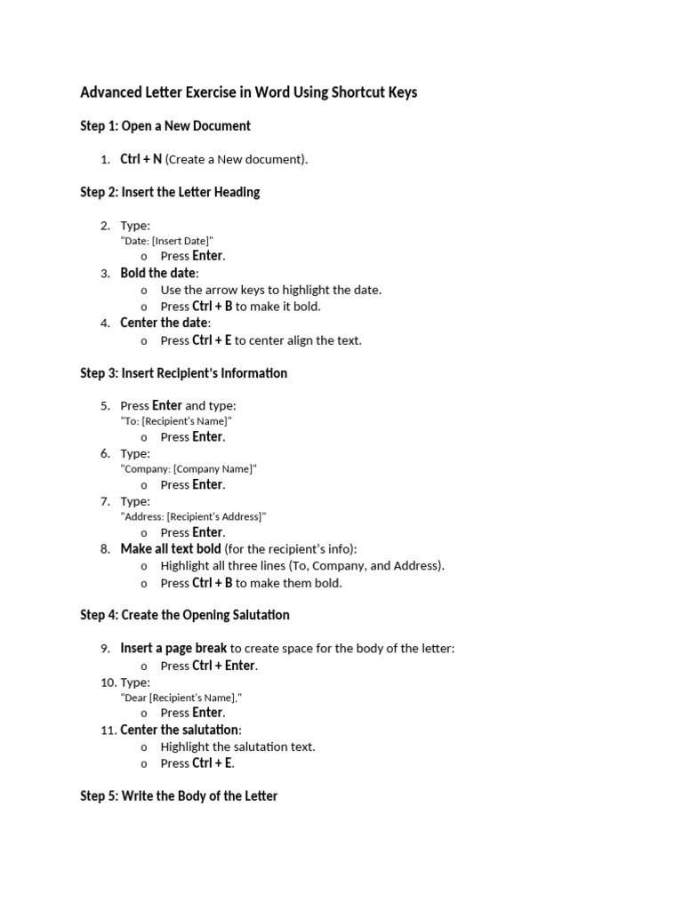 Advanced Letter Exercise in Word Using Shortcut Keys - Exercise 2 | PDF ...