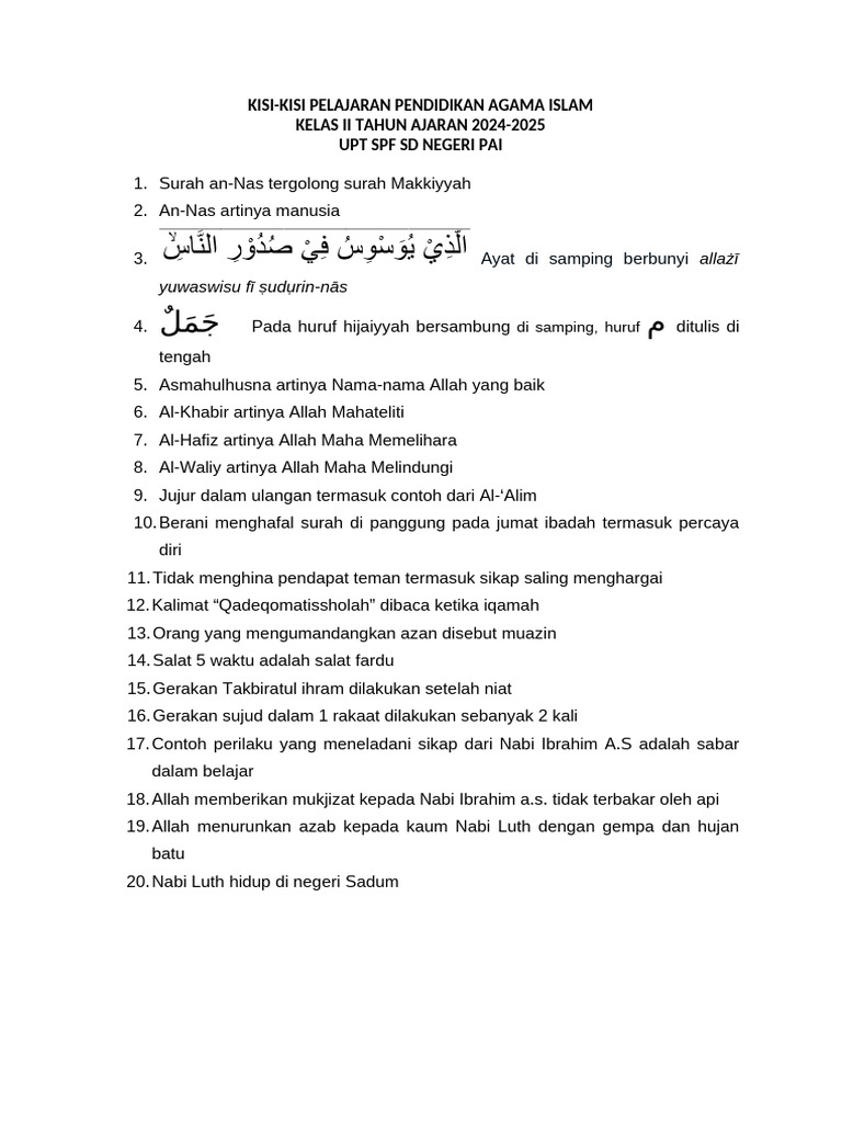 Kisi-Kisi PAI Kelas 2 Ganjil TA 2024-2025 | PDF