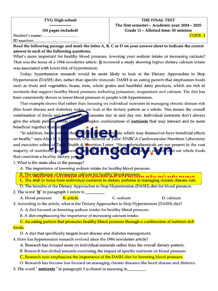 Đề Thi HK1 Friends Global 11 Trường T.V.Giàu 2024 - 2025 Đề 1 Kèm Đáp Án | PDF
