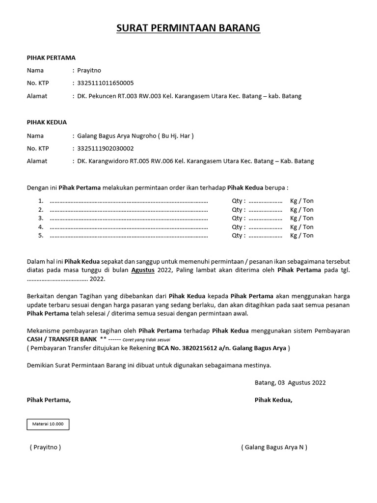 Surat Permintaan Order Ikan Batang | PDF