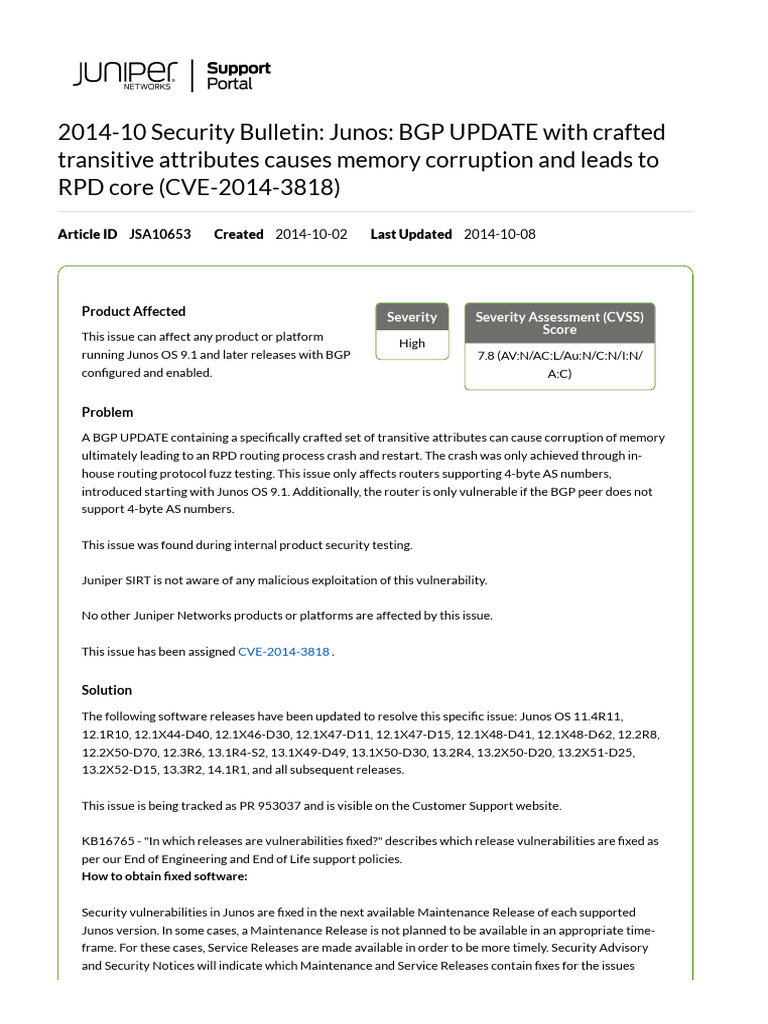 2014-10 Security Bulletin - Junos - BGP UPDATE With Crafted Transitive ...