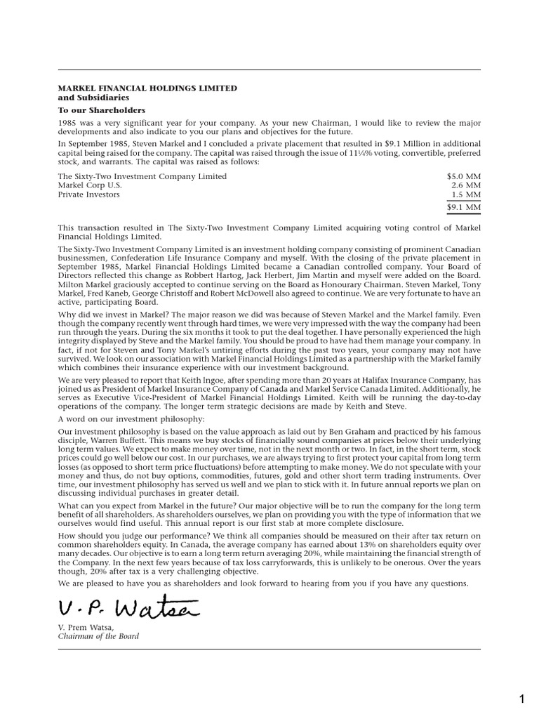 Fairfax Financial Shareholder Letters 1985-2023 by Prem Watsa | PDF ...
