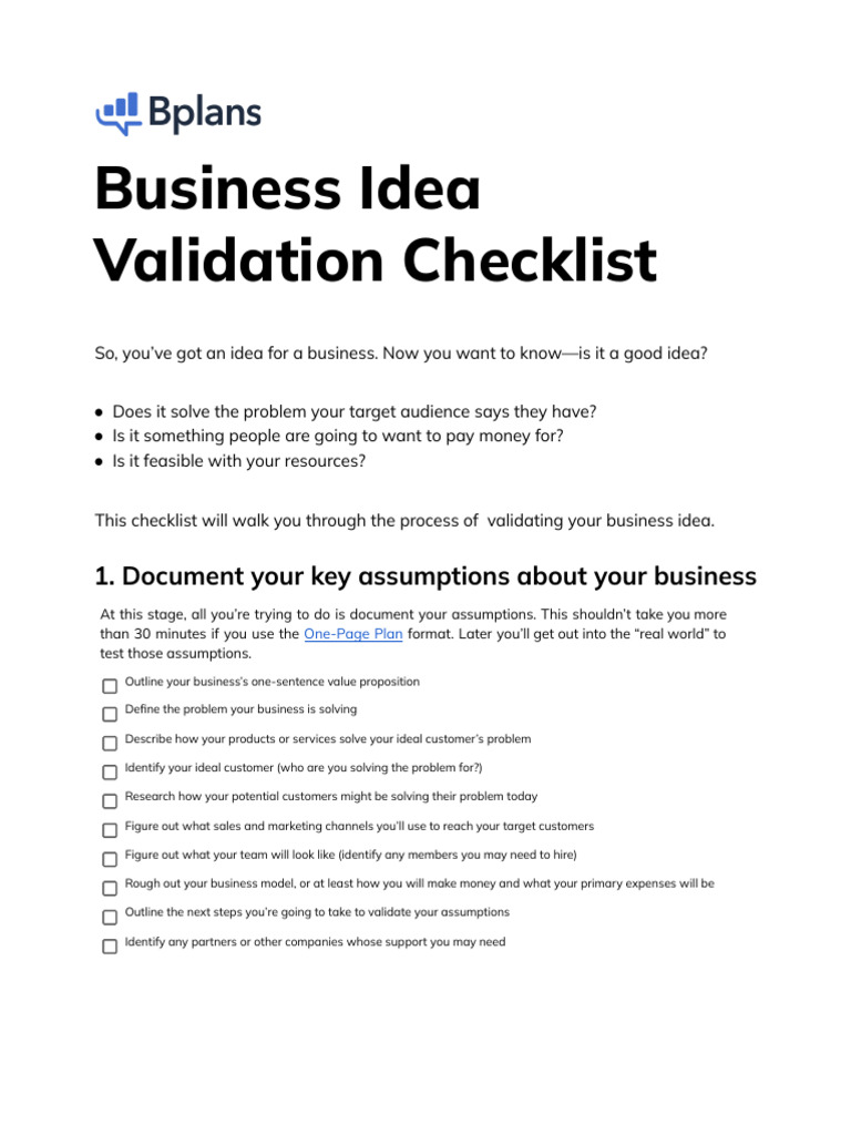 Business Idea Validation Checklist | PDF | Startup Company | Small ...
