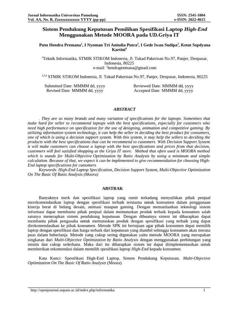 Jurnal SPK Pemilihan Spesifikasi Laptop Metode MOORA pada Griya IT | PDF