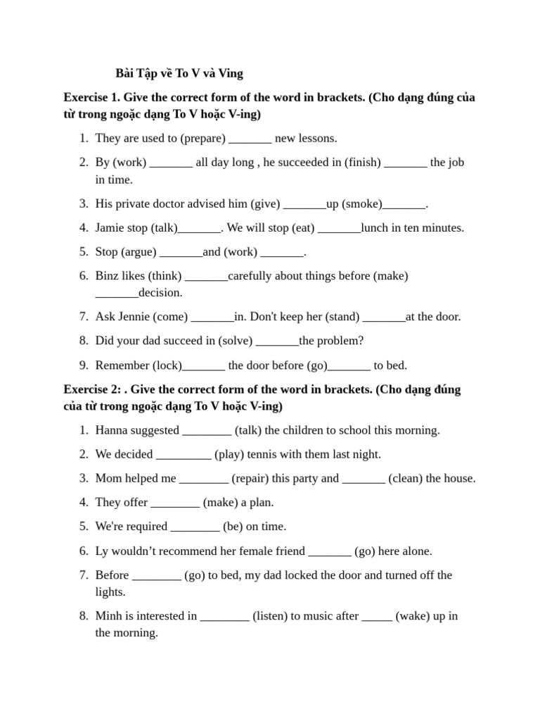 Bài Tập về To V và Ving | PDF