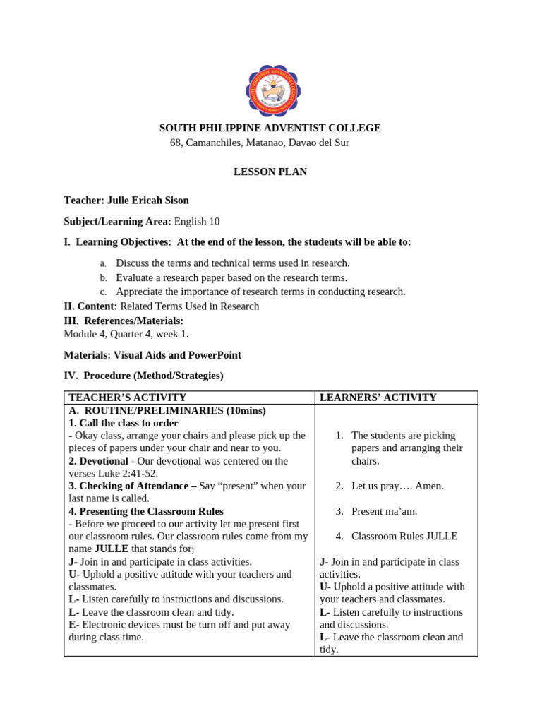 English 10 Research Terms Lesson Plan | PDF | Scientific Method | Inquiry
