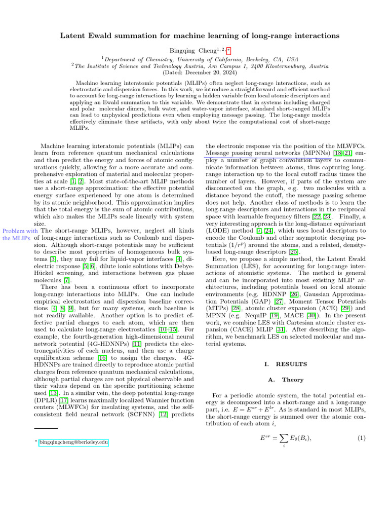 Latent Ewald Summation For ML of Long-Range Interactions - Bingqung Cheng | PDF | Physics ...