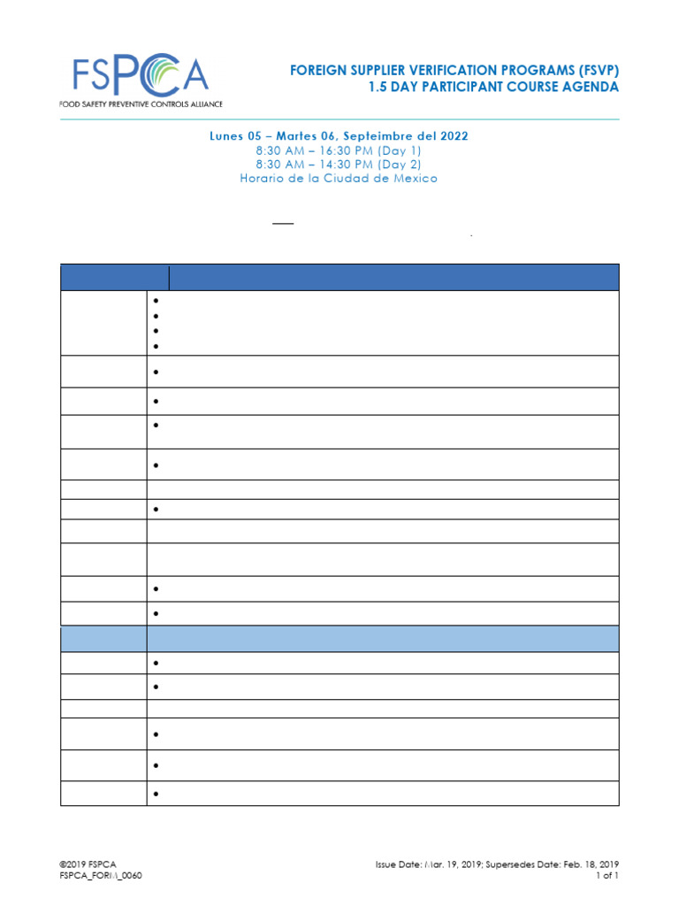 1. FSPCA_FORM_0060_FSVP Participant_1.5 Day Agenda_2019 03 19 | PDF