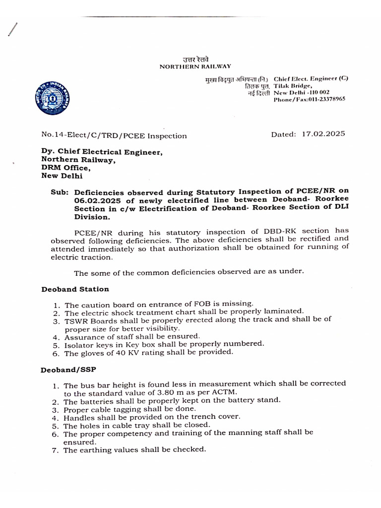 Letter to Dy.CEE C NDLS for defect and deficiency in DBD RK section | PDF
