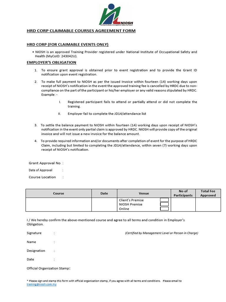 HRDF Claimable - Courses - Agreement - Form | PDF | Receipt