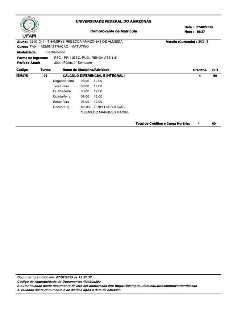 Comprovante de Matrícula | PDF