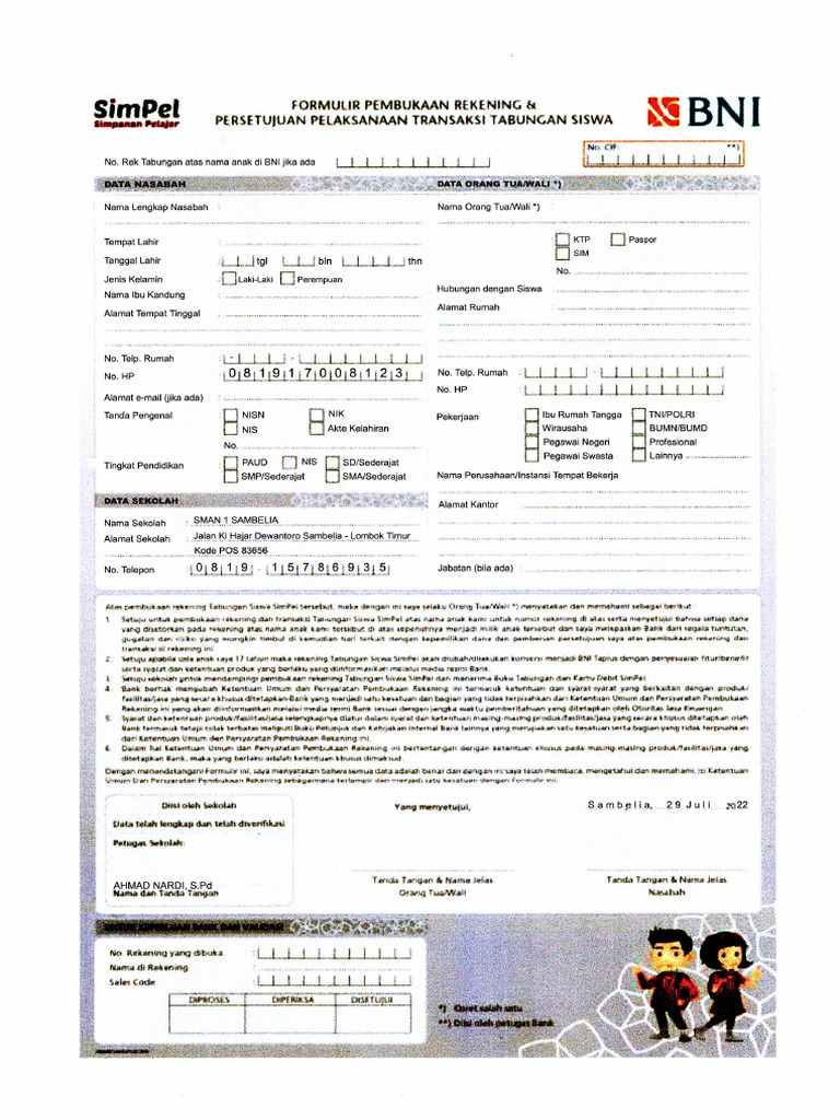 Form AKTIVASI REK BNI 46 - SMAN 1 SAMBELIA | PDF