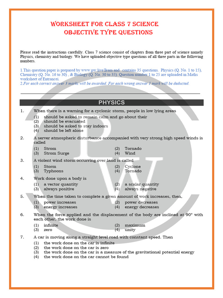 Worksheet For Class 7 Science Objective Type Questions: Physics | PDF ...