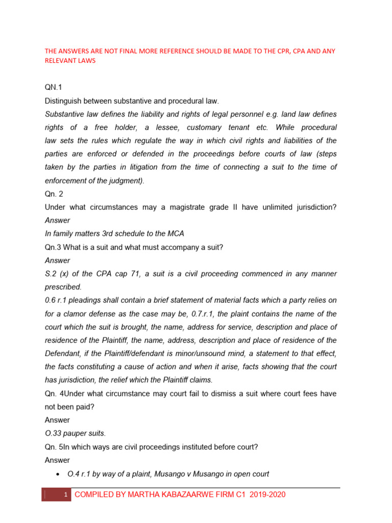 Civil Procedure Sample Oral Questions and Answers | PDF | Lawsuit ...