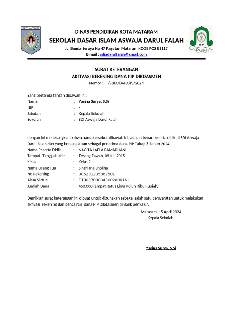 Contoh Surat AKtivasi PIP 2024 | PDF