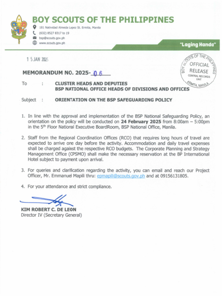 Memorandum No. 2025-06 - Orientation On The BSP Safeguarding Policy | PDF