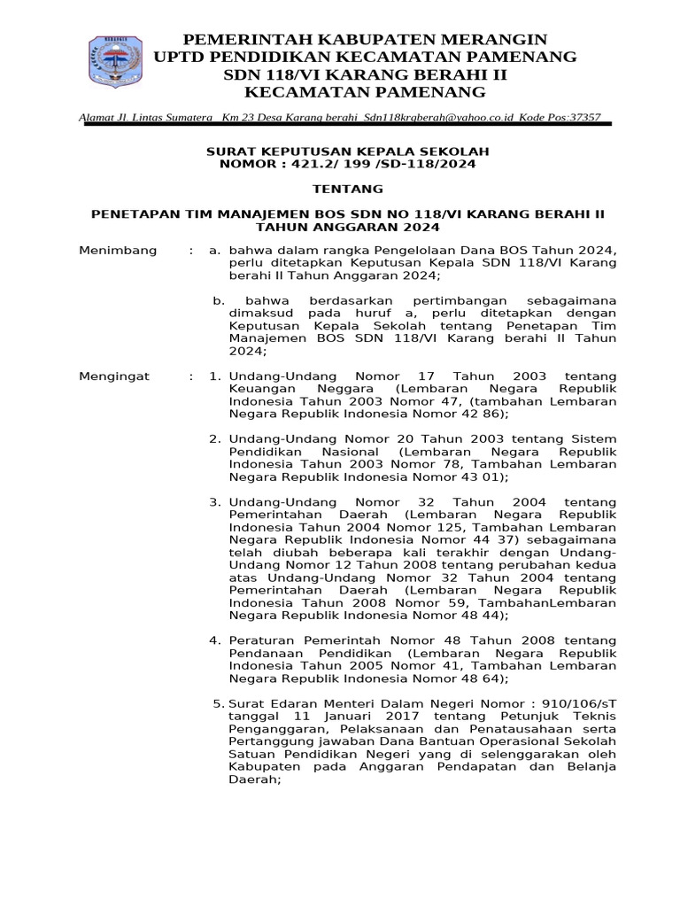 Tim Manajemen BOS SDN 118 Tahun 2024 | PDF