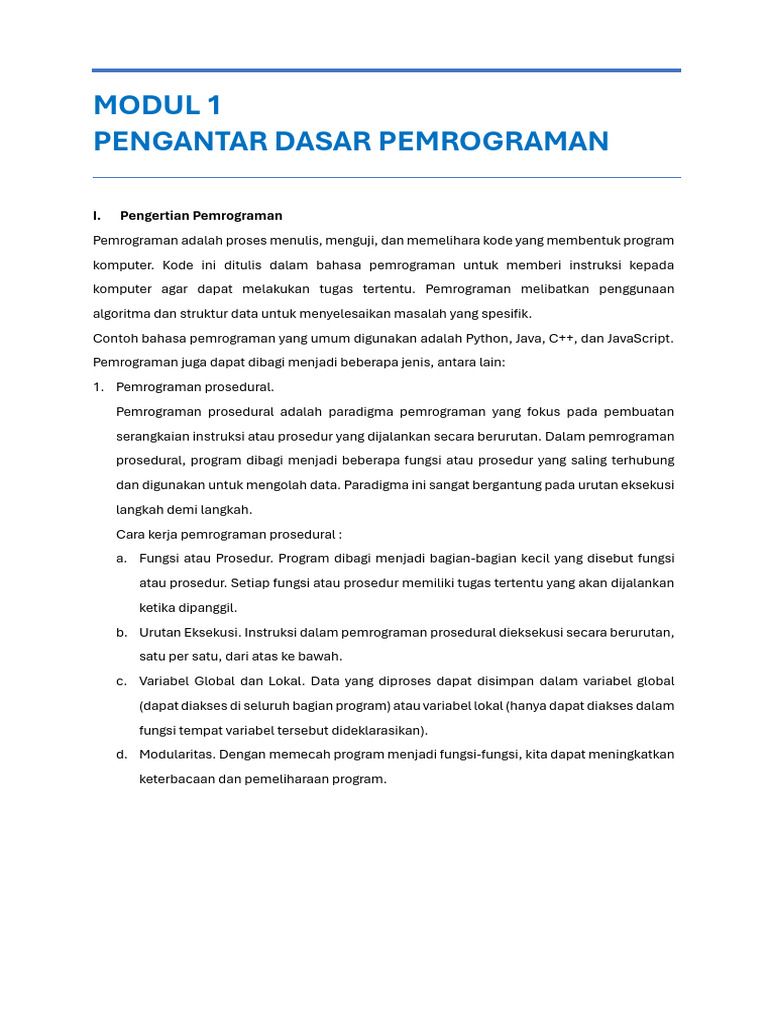 Modul 1 - Pengantar Dasar Pemrograman | PDF