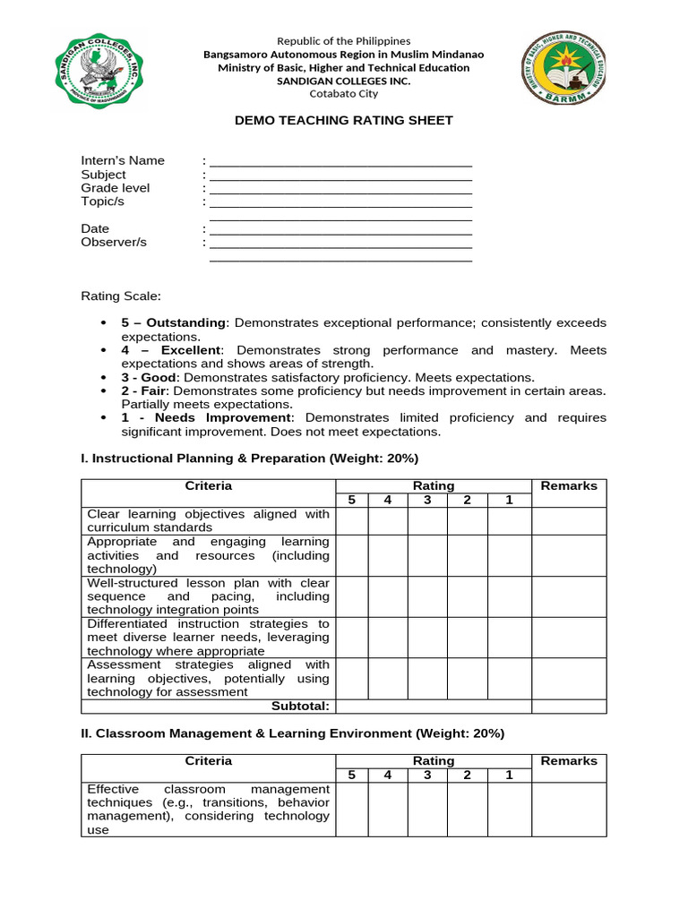 Demo Teaching Rating Sheet 2025 | PDF | Educational Assessment | Learning