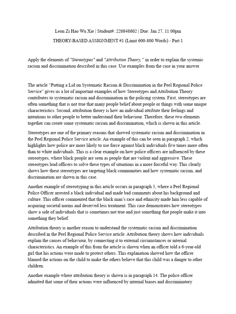 Theory Based Assignment Part 1 - Leon Wu | PDF | Stereotypes | Discrimination