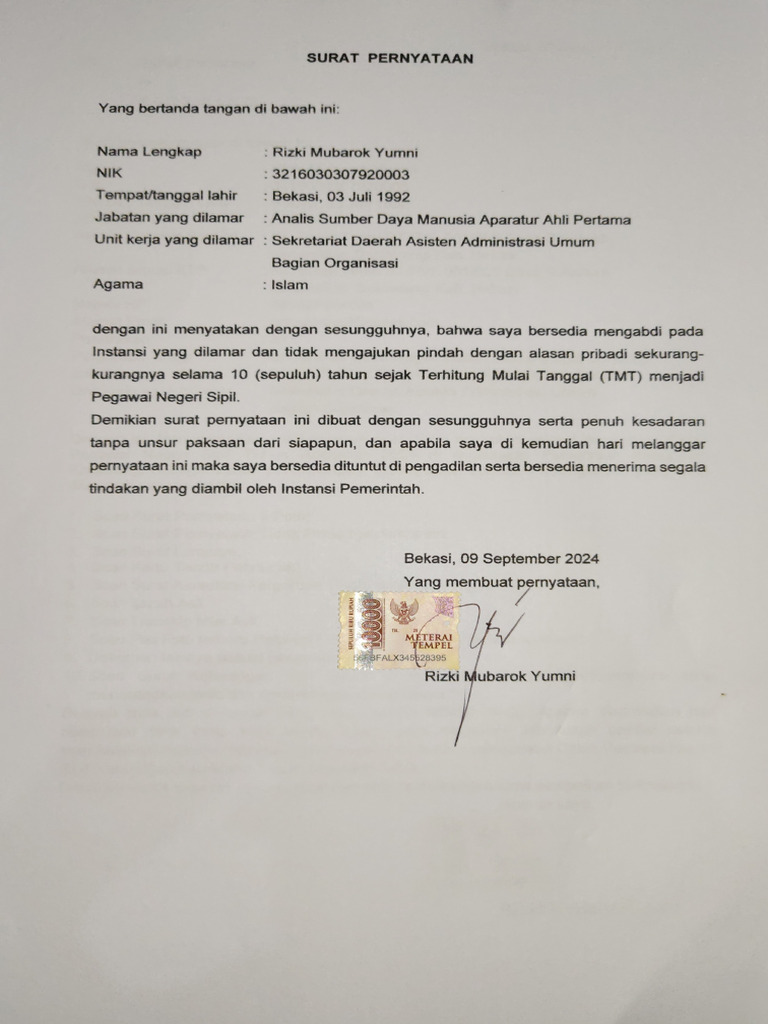 SURAT PERNYATAAN RIZKI | PDF
