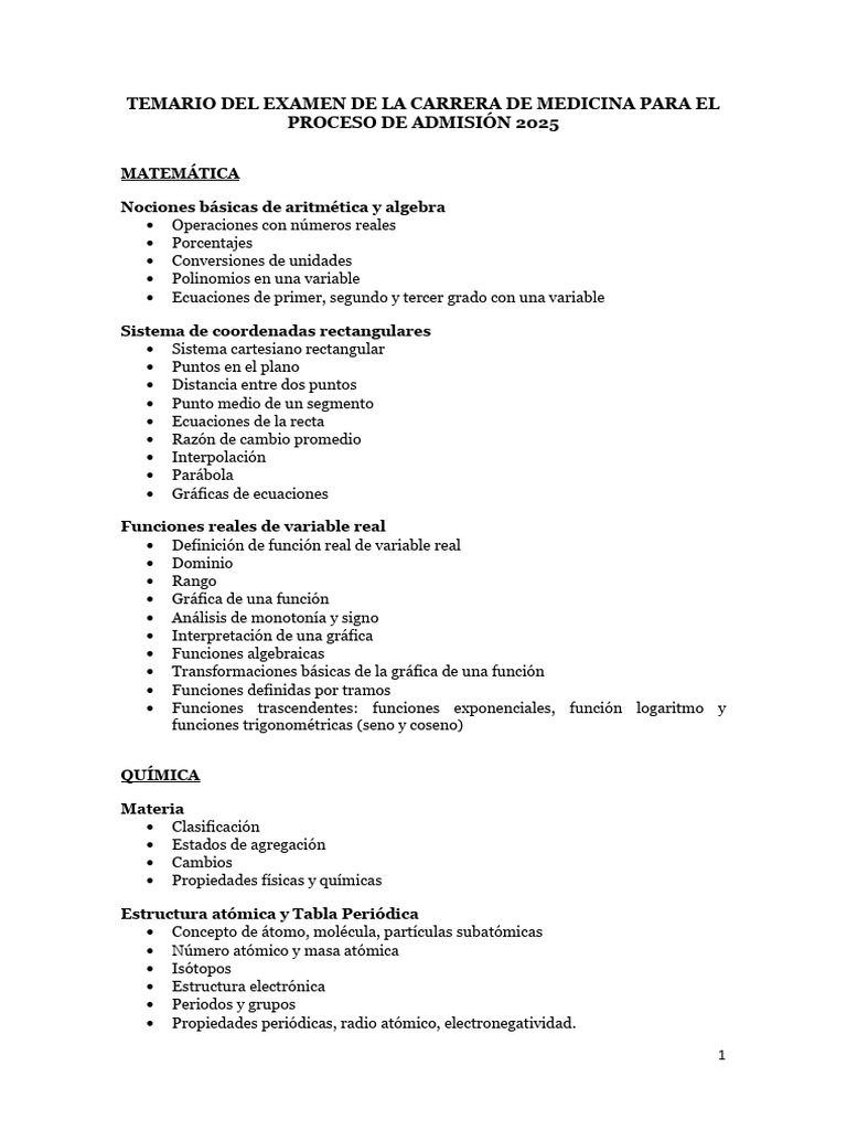 Temario Del Examen de Admisión de La Carrera de Medicina Proceso de ...