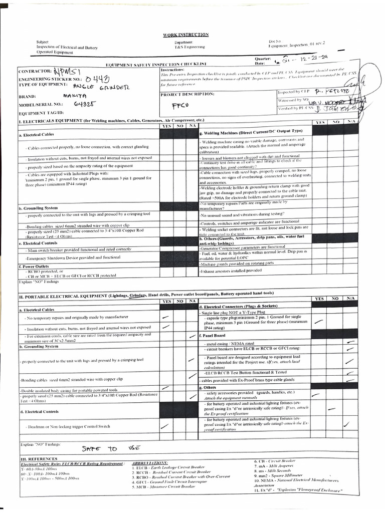 Grinder SN#64325 Checklist | PDF