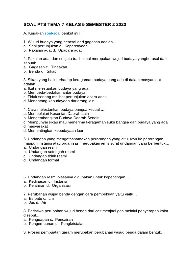 Soal PTS Tema 7 Kelas 5 Semester 2 2023 | PDF