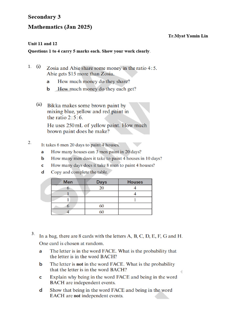 Sec 3 Math Jan 2025 Tutorial | PDF