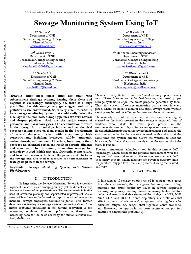 Sewage Monitoring System Using Iot Pdf Microcontroller Sewage