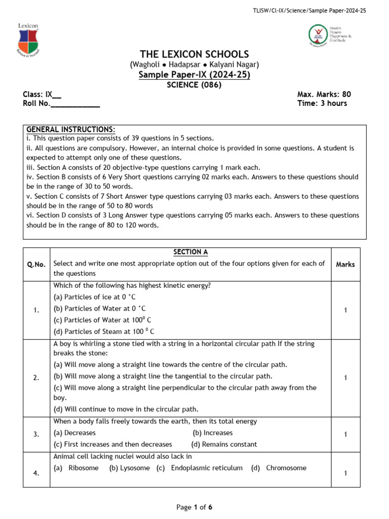 Science Sample Paper-Class-IX (2024-25) | PDF | Sound | Colloid