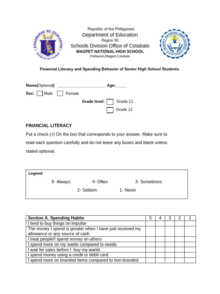 Financial Literacy and Spending Behavior Survey Questionnaire Renze ...
