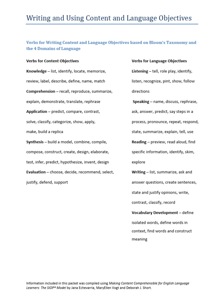 Verbs-for-writing-content-and-lang-objectives-based-on-Blooms | PDF