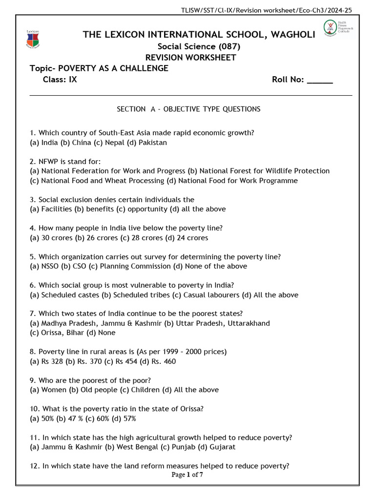 TLISW - IX - Eco - Ch3-Revision Worksheet | PDF | Poverty | Poverty ...
