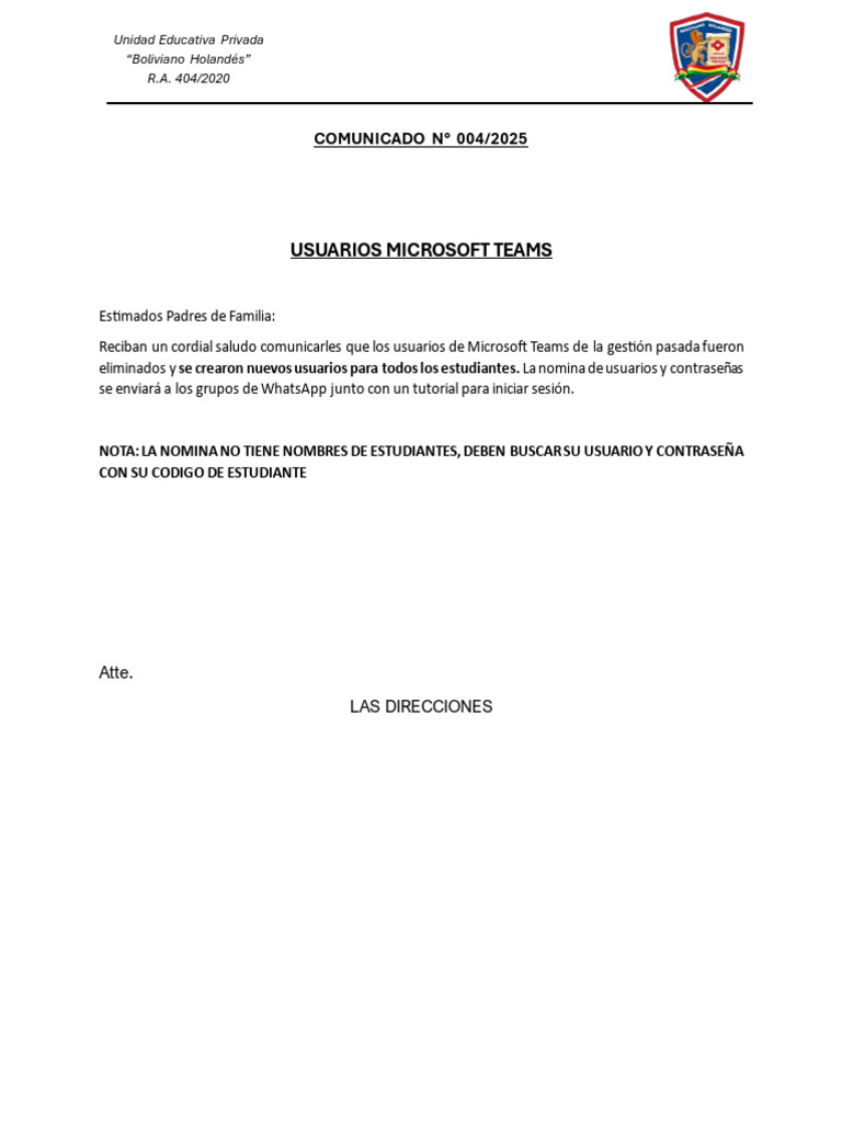 Comunicado 004 Usuarios Teams | PDF