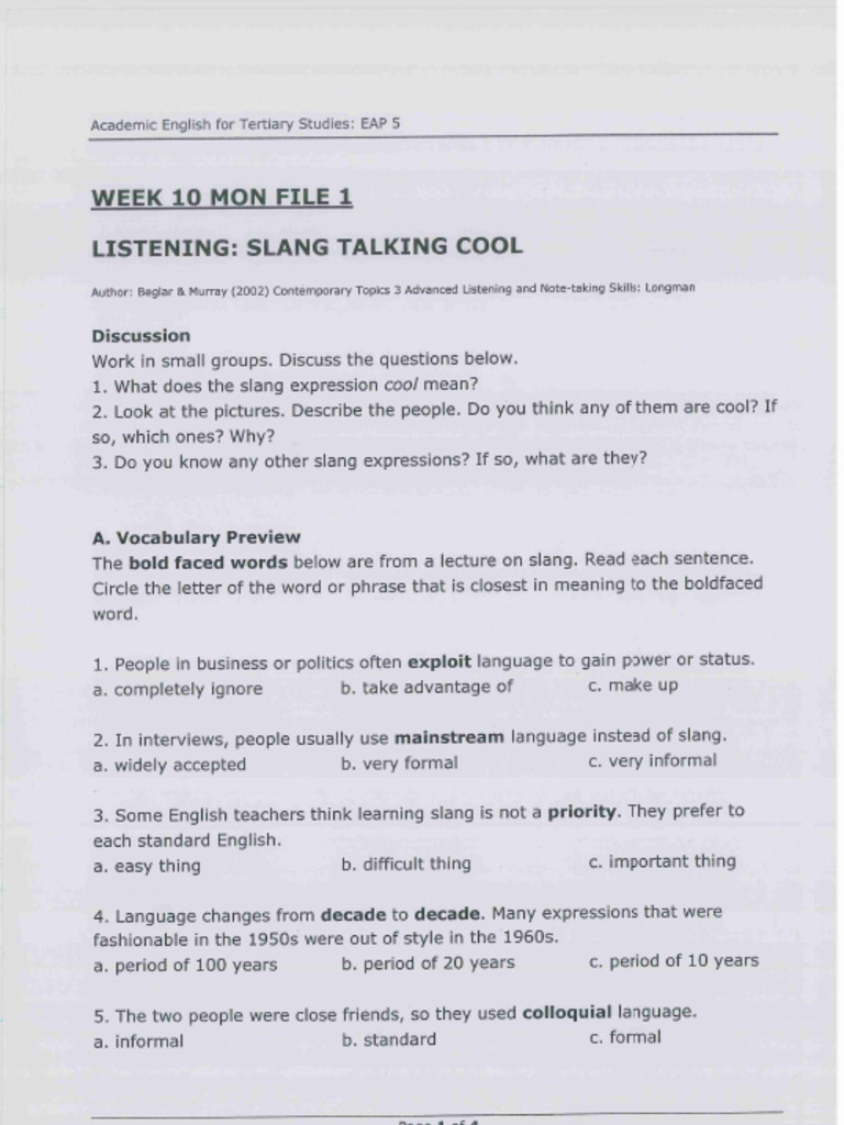 EAP5 Week 10 Mon F1 Listening Slang Talking Cool - No Answers | PDF