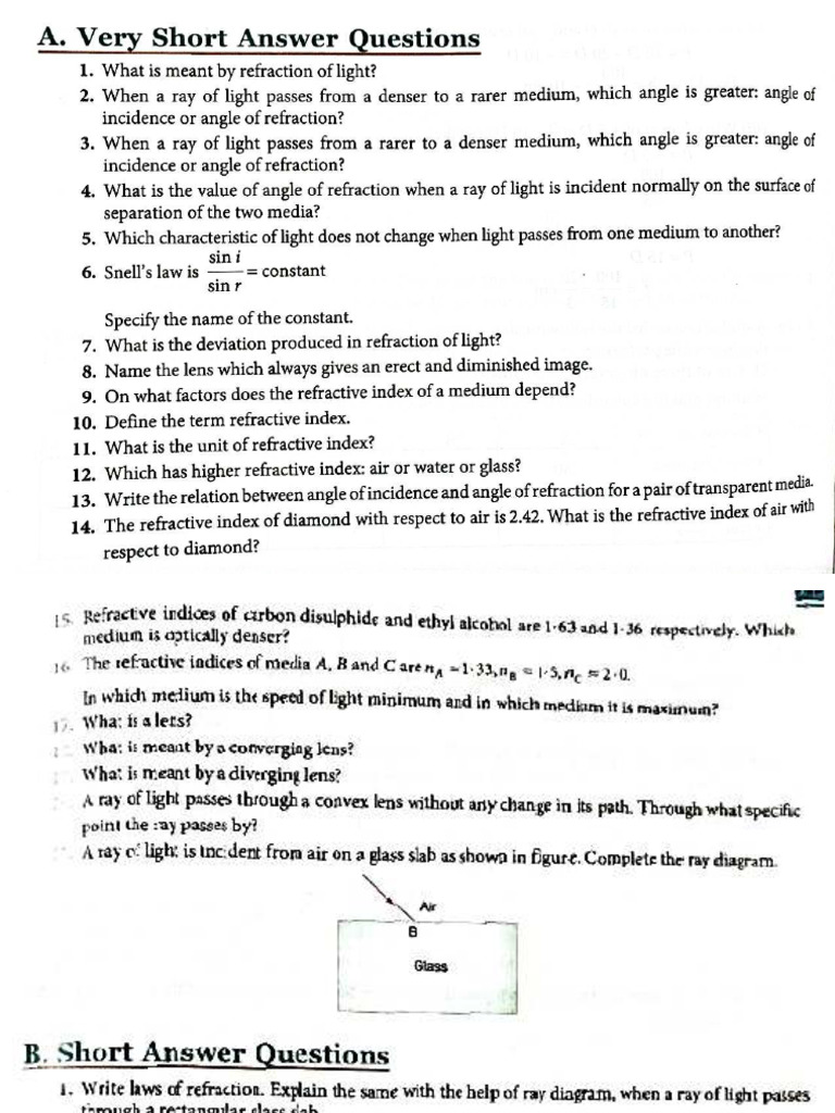 Light - Refraction Worksheet | PDF