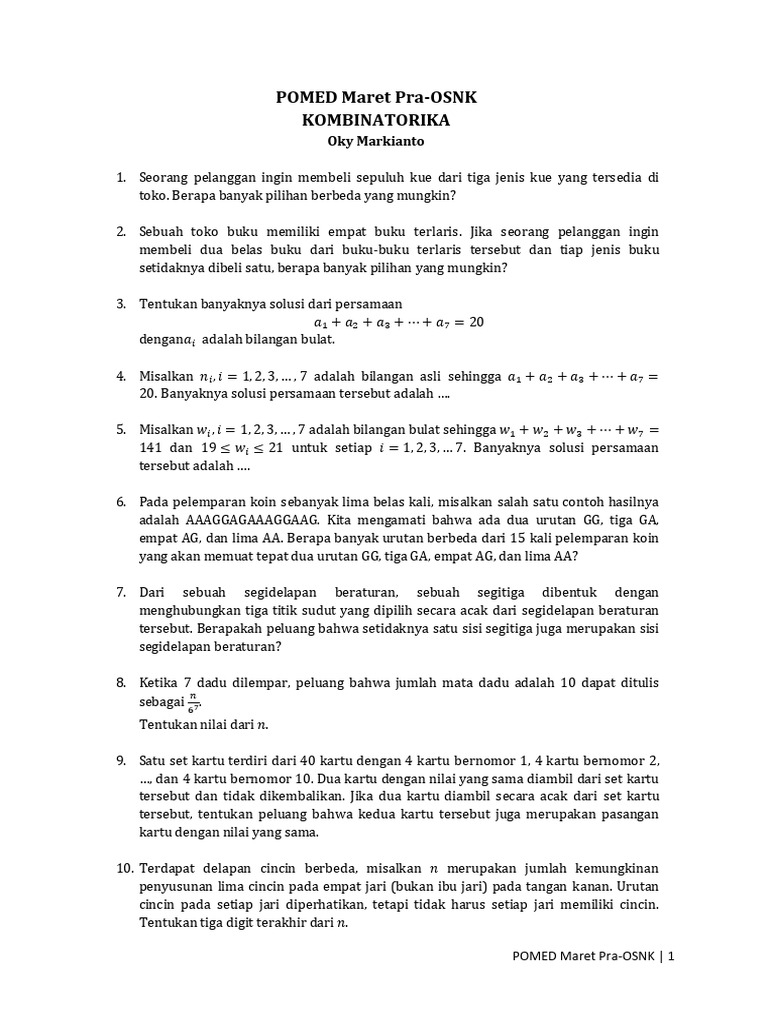 Soal Kombinatorika - POMED Maret Pra OSNK | PDF