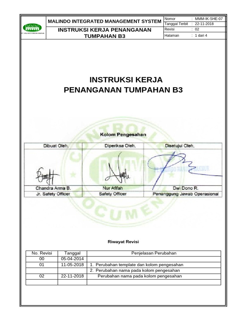 Instruksi Kerja Tumpahan B3 Malindo | PDF