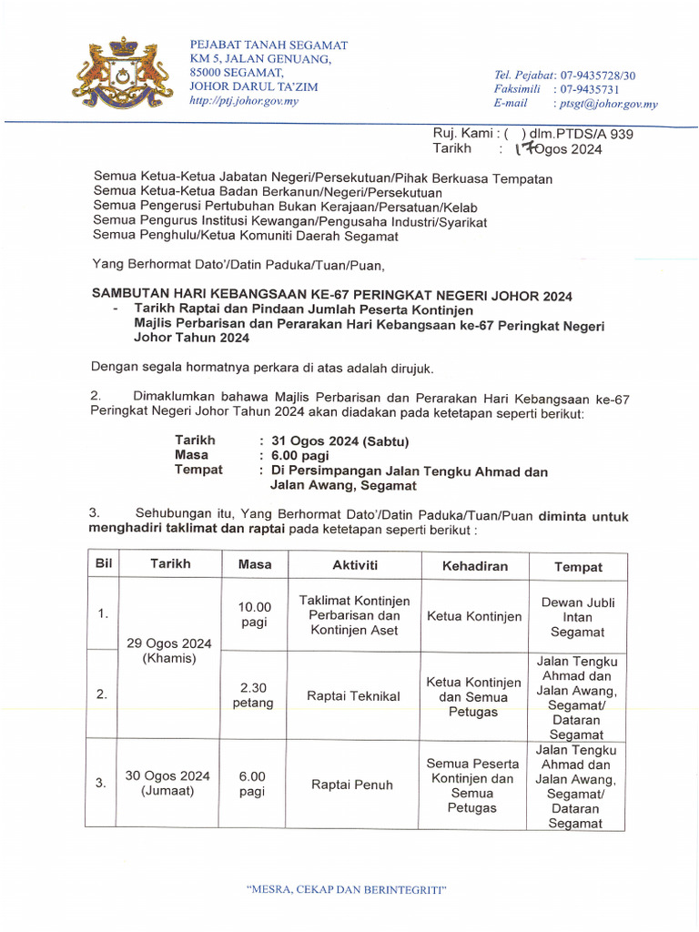 Surat Pemakluman Raptai, Pindaan Jumlah Peserta Kontinjen Dan Pelan ...