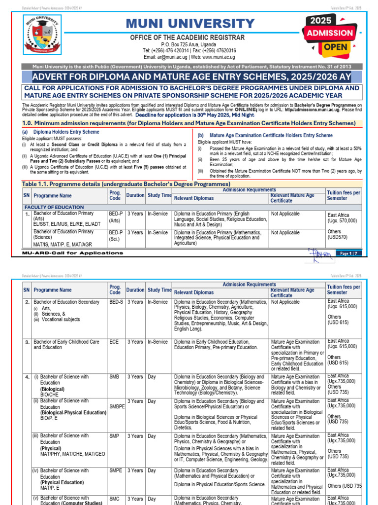 Muni University Admissions 2025/2026 | PDF | Engineering | Diploma