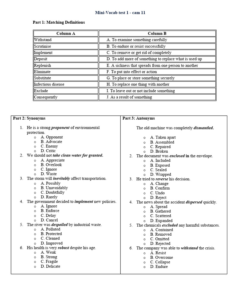 Mini-Vocab Test 1 - Cam 11 | PDF