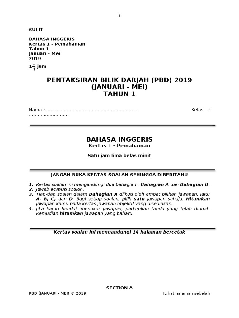 Soalan PBD (Jan - Mei) 2019 - BI T1 K1 | PDF | Graphic Design | Visual Perception