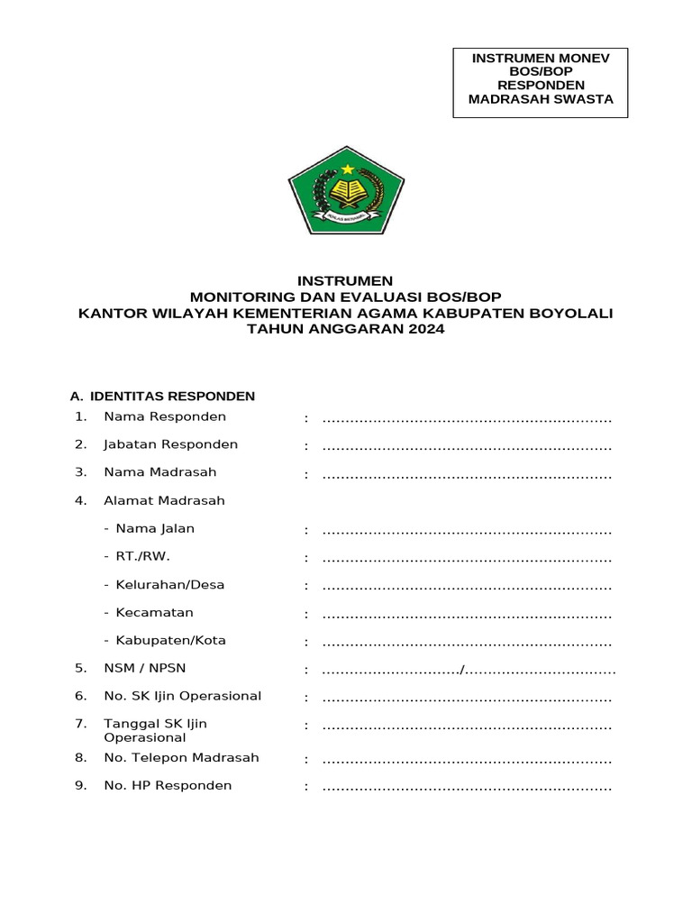 Instrumen Monev Bos 2024 Madrasah Swasta | PDF