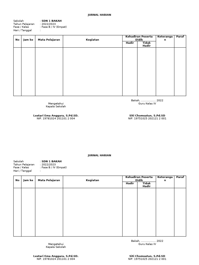 Jurnal Harian Kelas IV SDN 1 Bakah 2022 | PDF