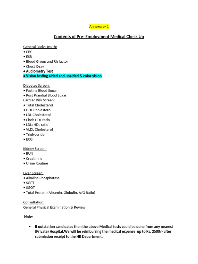 Pre-Employment Medical Check-Up Guide | PDF