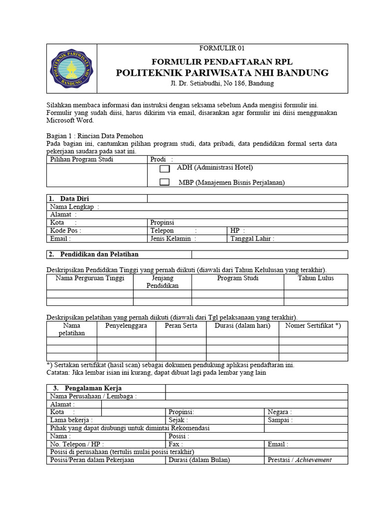 Formulir Pendaftaran RPL MBP 2022 | PDF