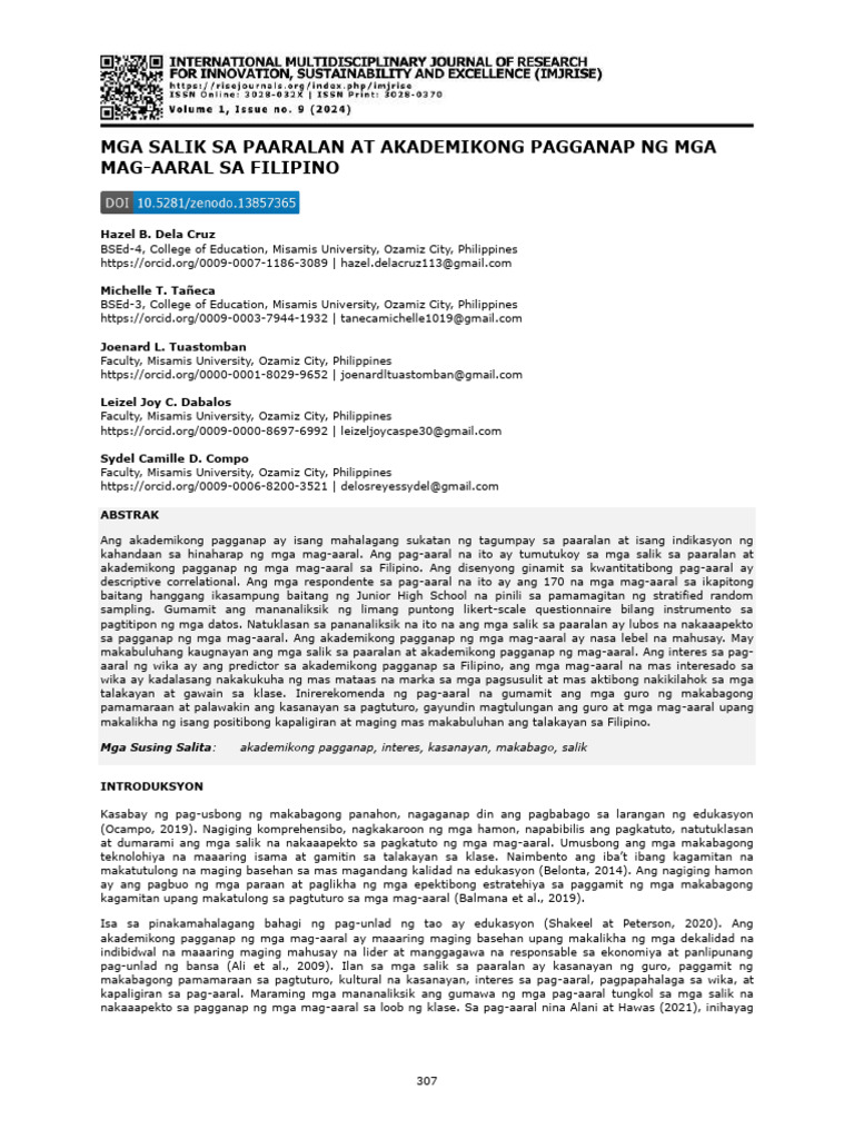 Mga Salik Sa Paaralan at Akademikong Pagganap NG Mga MAG Aaral Sa Filipino | PDF