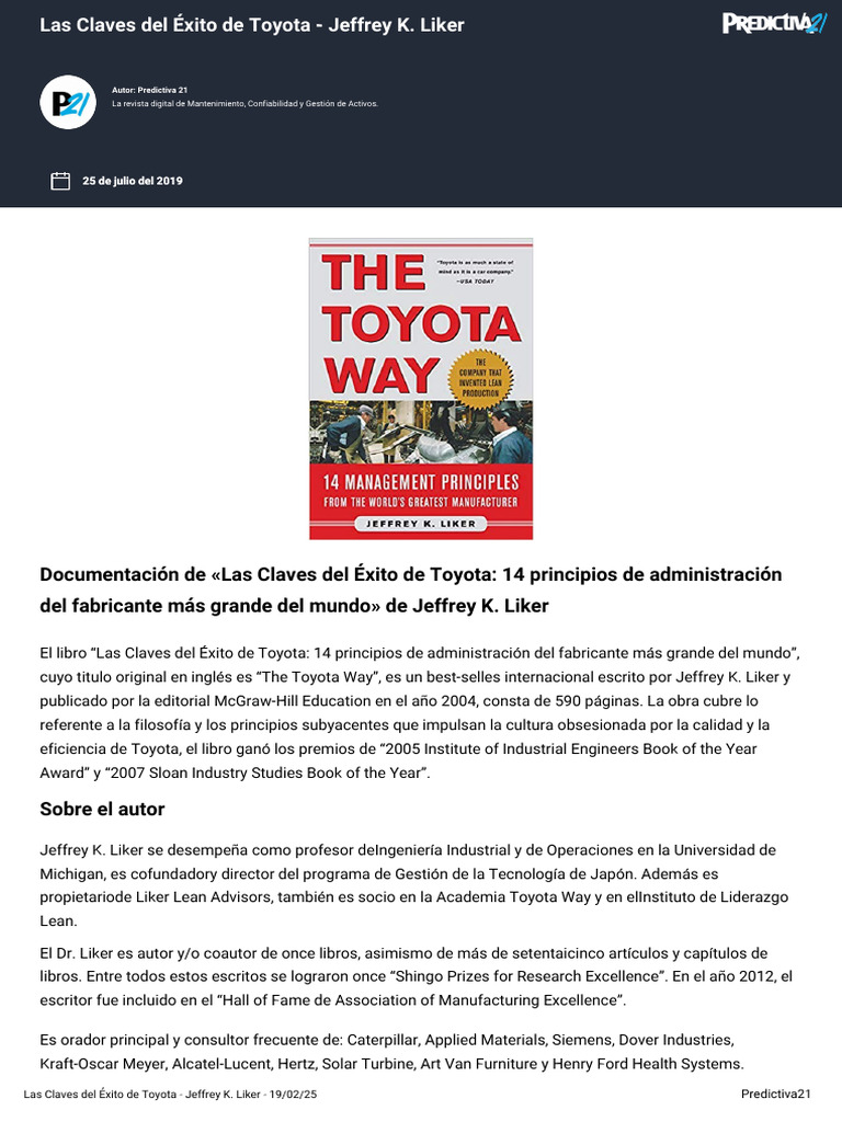 Artículo P21 Las Claves Del Exito de Toyota Jeffrey K Liker | PDF ...