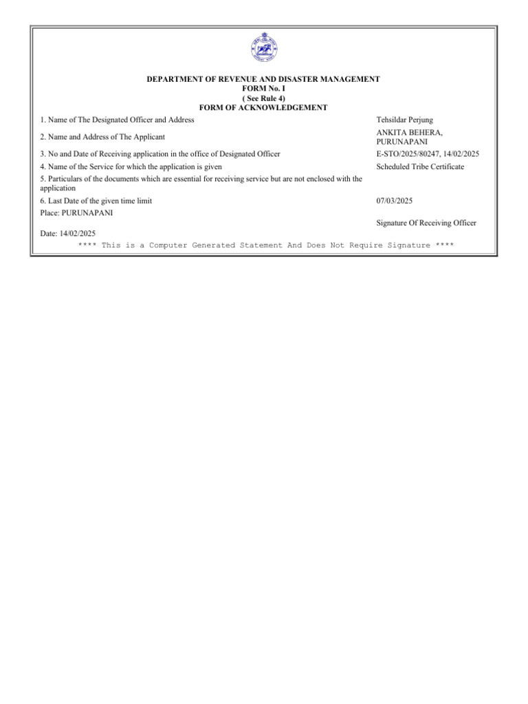 Scheduled Tribe Certificate Acknowledgment | PDF